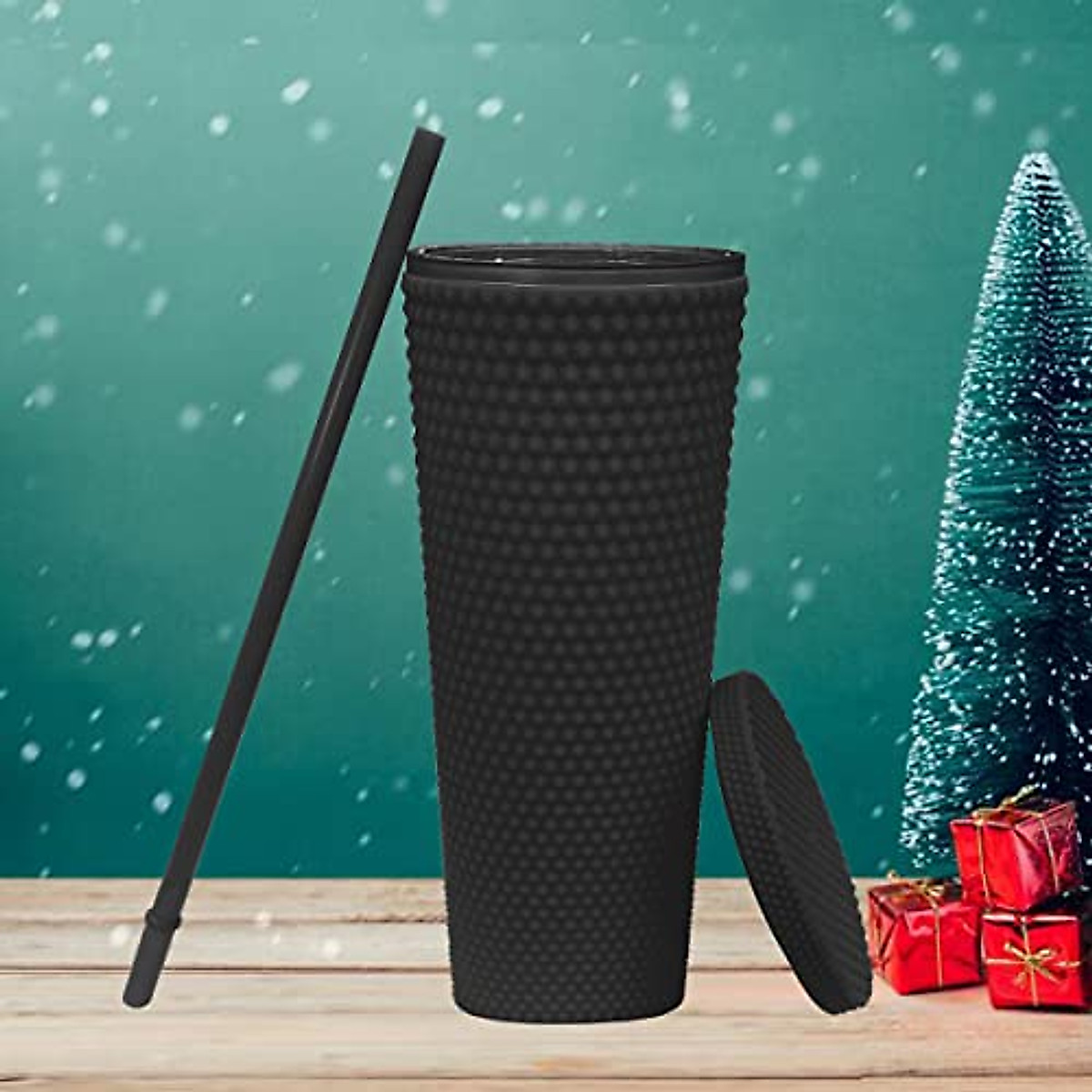 Essasea 24oz Fully Studded Tumbler.Matte Black Studded Tumbler with Lid and Straw.Reusable Double Walled Insulated Travel Tumbler.Plastic Acrylic Pastel Colored Tumbler Cup for Iced Coffee Smoothie.