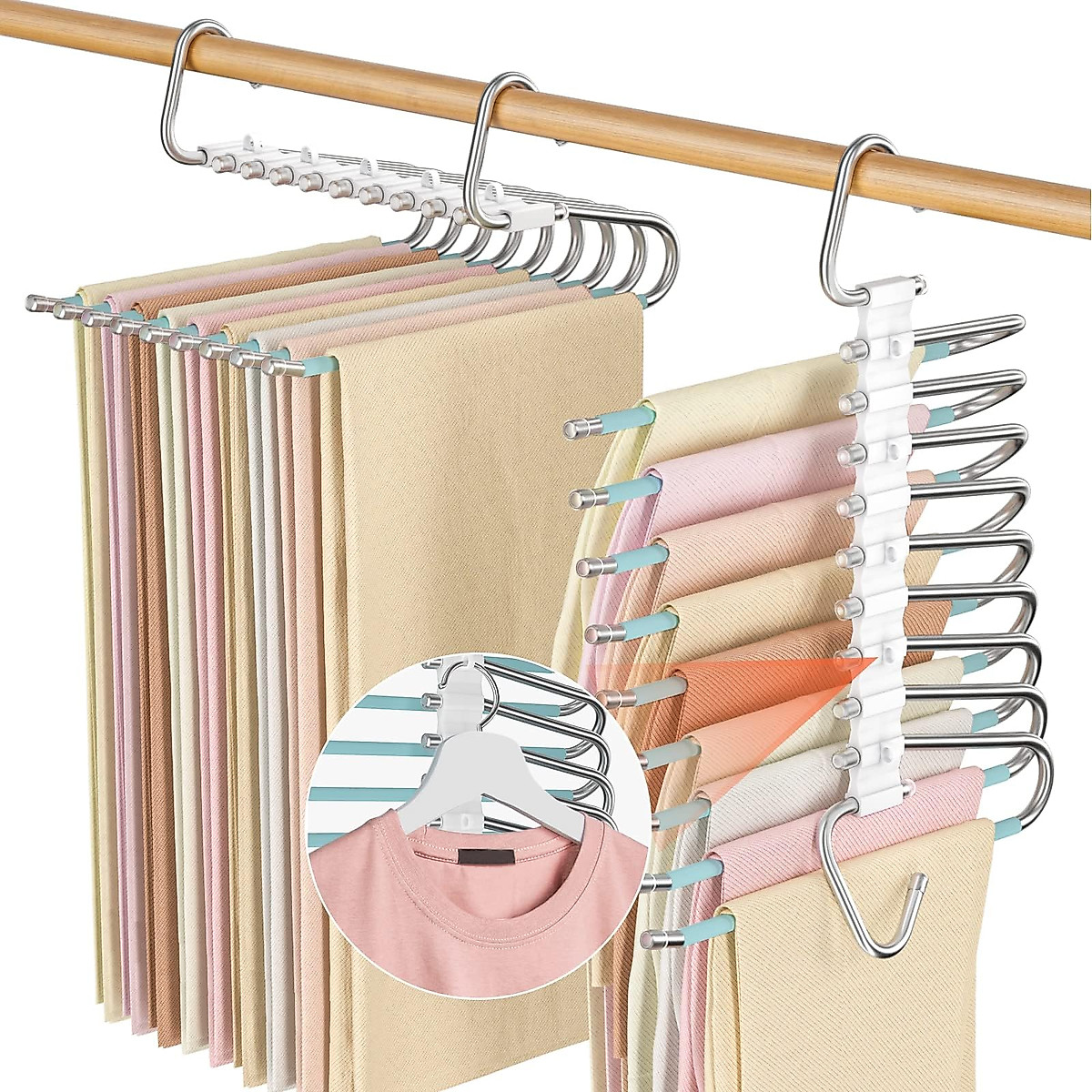 [2024 Upgraded] Zensbin Space-Saving 9-Layer Pant Hanger with Non Slip Stainless Steel Rack for Jeans, Trousers and Shirts (2 Pack)