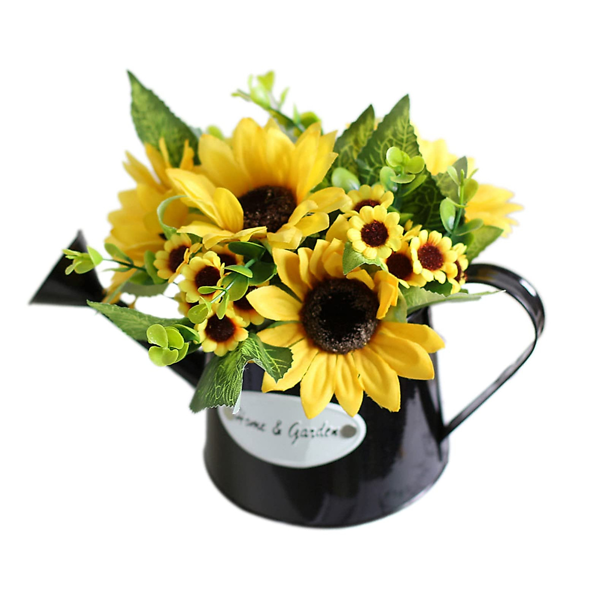Takefuns Artificial Sunflowers and Metal Kettle Potted, Artificial Sunflowers Bouquet in Pot Bonsai, for Home Office Garden Party Wedding Table Decor