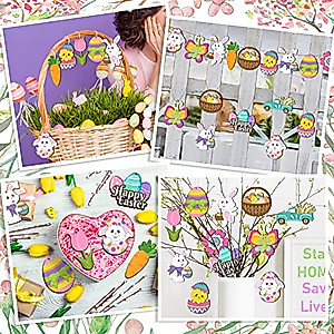 24 Pieces Spring Easter Wooden Ornaments Happy Easter Cutouts Embellishments Cute Holiday Decorations with Strings Hanging Ornaments for Easter Tree Party Home Classroom Decor (Bunny Egg Flower)