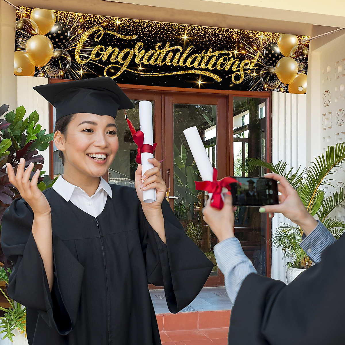 Congratulations Banner - Congratulations Decorations - We are so Proud of You banner - Well Done Banner - Graduation Banner - Graduation Decorations for Prom - 6 x 1.3ft (Black and Gold)