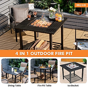 Giantex 4-in-1 Wood Burning Fire Pit, Square Firepit Table with Mesh Cover, Removable Lid, Cooking Grate, Log Grate and Fire Poker, Outdoor Fire Table for Garden Poolside Balcony
