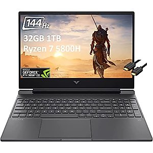 HP Newest Victus 15t 15.6" FHD 144Hz (AMD 8-Core Ryzen 7 5800H, 32GB RAM, 1TB PCIe SSD, Geforce RTX 3050 Ti 4GB, IPS) Gaming Laptop, Backlit, Webcam, Type-C, Wi-Fi 6, IST Cable, Windows 11 Home