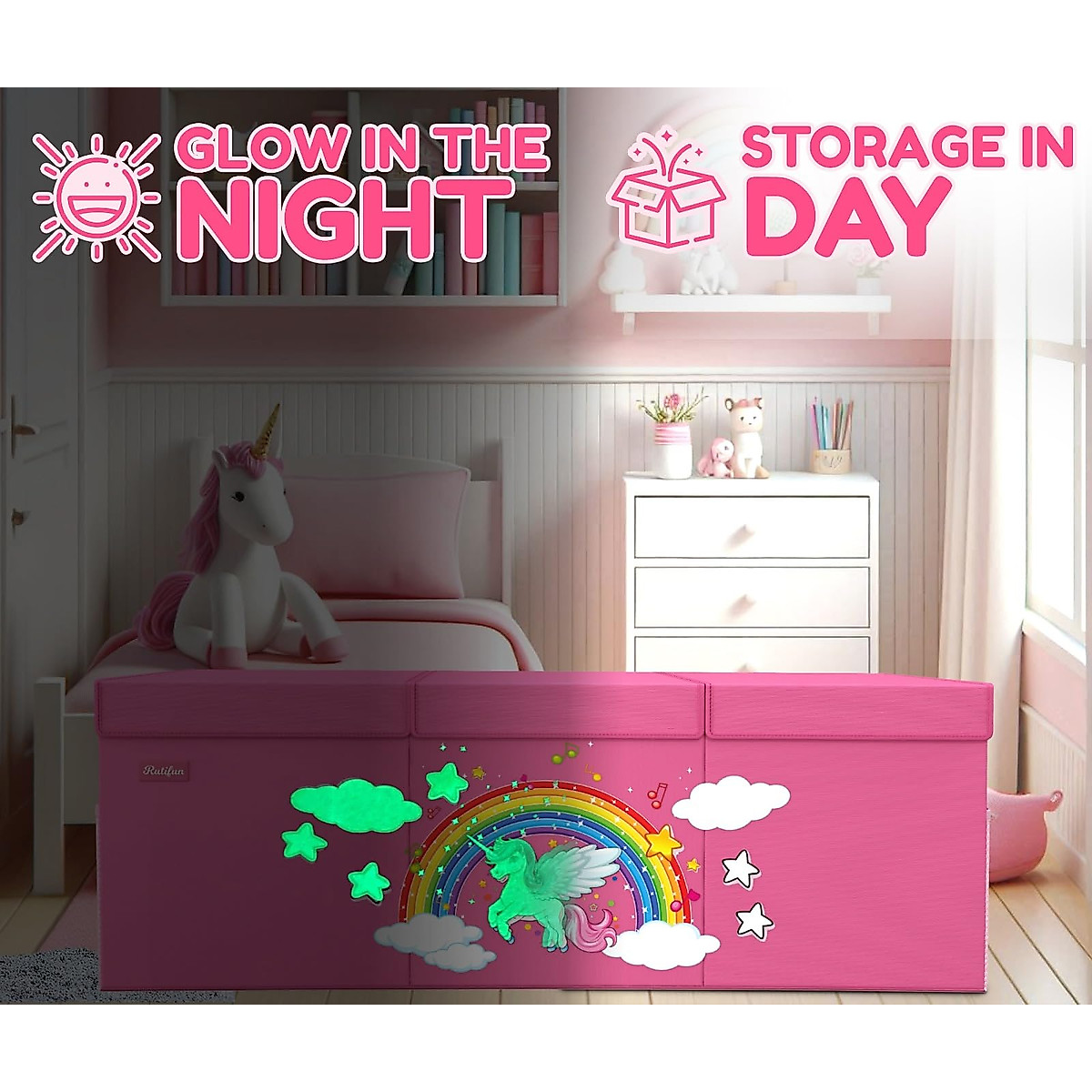 RUTIFUN Extra Large Kids Toy Storage Organizer, Collapsible Toy Baskets Storage, Large Toy Chest Basket with Lid, Unicorn Baby Toy Bins for Girls, Toy Box for Boys, w/Glow-in-the-Dark Stickers, Pink
