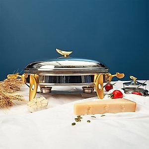 Rigeli Regent O2 Stainless Steel 3 Lt. Oval Warmer with Stainless Steel Cover, Chafing Dish, Buffet Servers, Gold, Silver