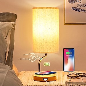 Bedside Table Lamp with Wireless Charger & USB Port - Touch Control LED Desk Lamp for Bedroom, 3-Way Dimmable Wooden Nightstand Lamp with Fabric Shade for Living Room, Kid's Room, Dorm, or Office