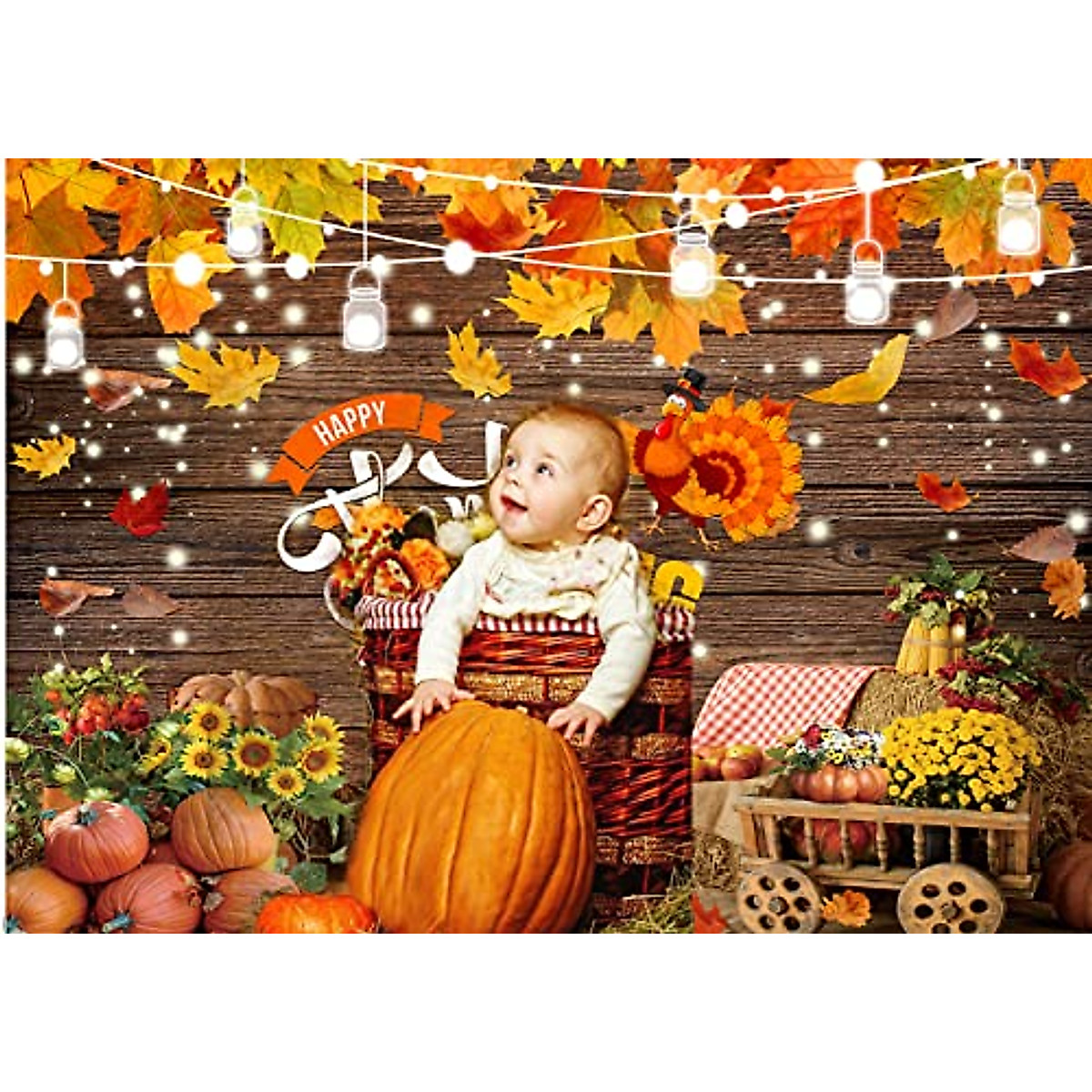 Dudaacvt 7x5ft Thanksgiving Photography Backdrop Rustic Wooden Floor Barn Harvest Background Thanksgiving Turkey Autumn Pumpkins Backdrop Thanksgiving Party Decoration Backdrop D643