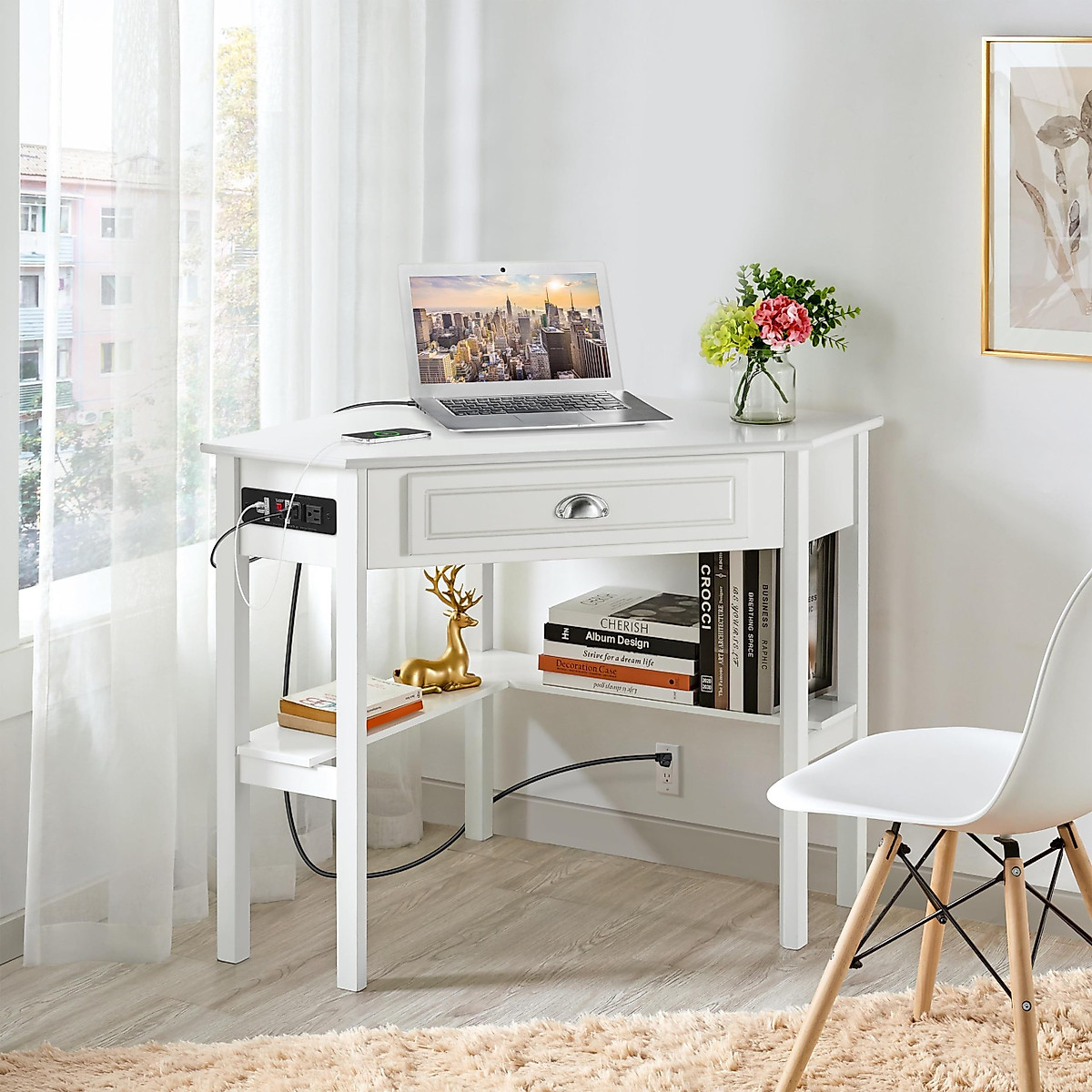 Yaheetech L Shaped Corner Computer Desk with Power Outlets, Reversible Triangle Workstation with USB Ports and Hook for Small Space, Modern Home Office Desk Gaming Table with Drawer & Shelf, White