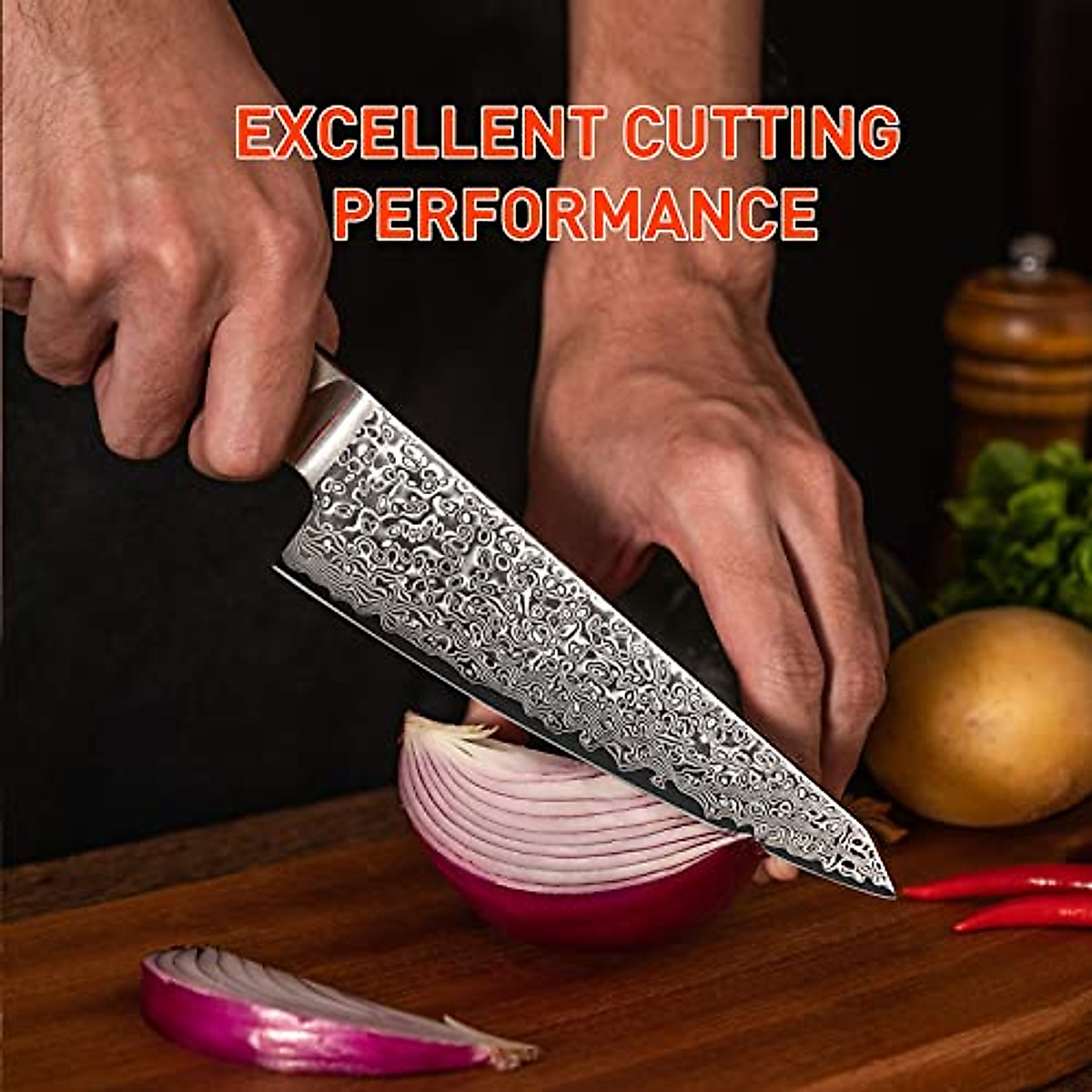 FUJUNI Chef Knife 6 inch, Professional Chef Knife VG 10 Damascus Super Steel 67-Layer Razor Sharp Kiritsuke Knife with Natural Wood Handle