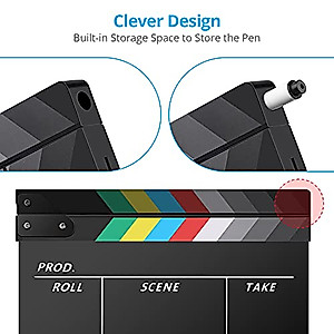 Temery Acrylic Film Clapper Board -12 x 10in Plastic Movie Film Clap Board, Movie Theater Decor Clapboard with a Magnetic Blackboard Eraser, Two Custom Pens, Cleaning Cloth and Hexagonal Wrench