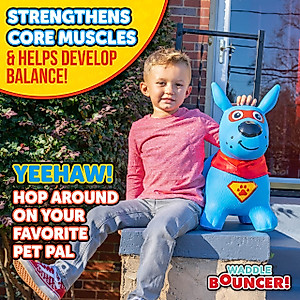 WADDLE Bouncy Hopper Inflatable Hopping Animal, Indoors and Outdoors Toy for Toddlers and Kids, Pump Included, Boys and Girls Ages 2 Years and U (Blue Super Hero Dog)
