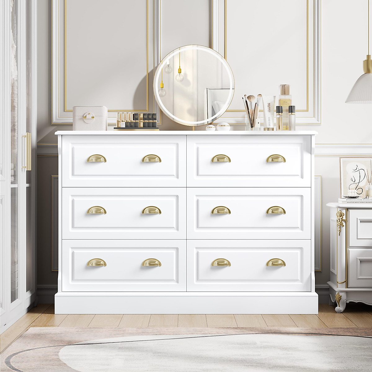 FACBOTALL 6 Drawer Dresser,White Dresser for Bedroom,Dressers with Drawers, Dressers Chest of Drawer with Gold Handle for Living Room,Closet,Corridor,Bedchamber