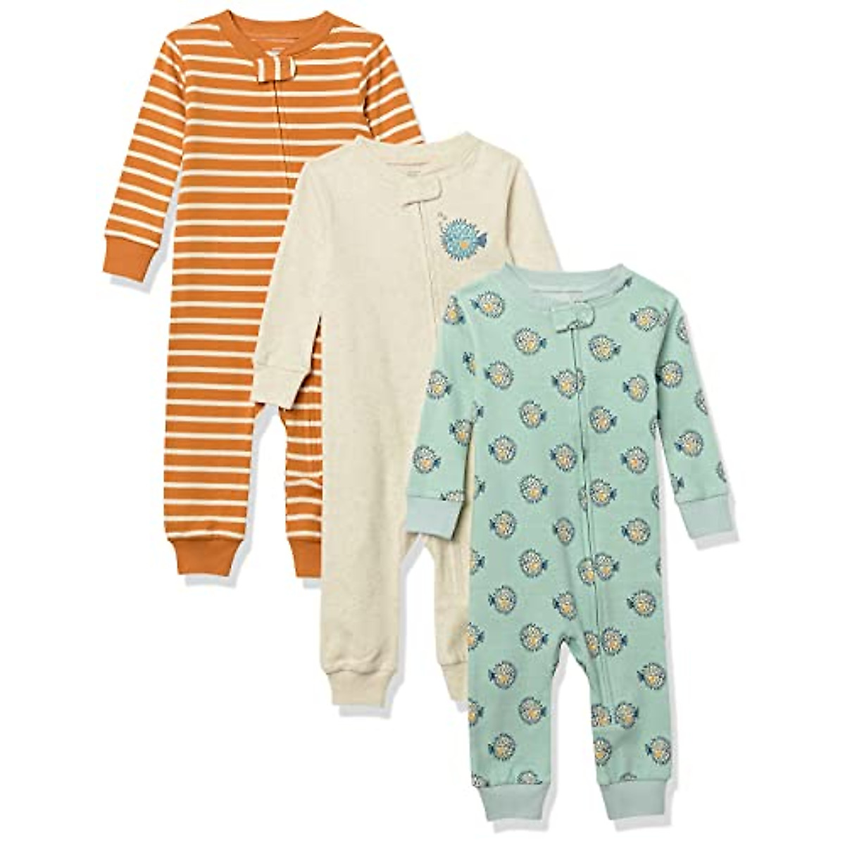 Amazon Essentials Unisex Babies' Snug-Fit Cotton Footless Sleeper Pajamas, Pack of 3, Sea Friends, 18 Months
