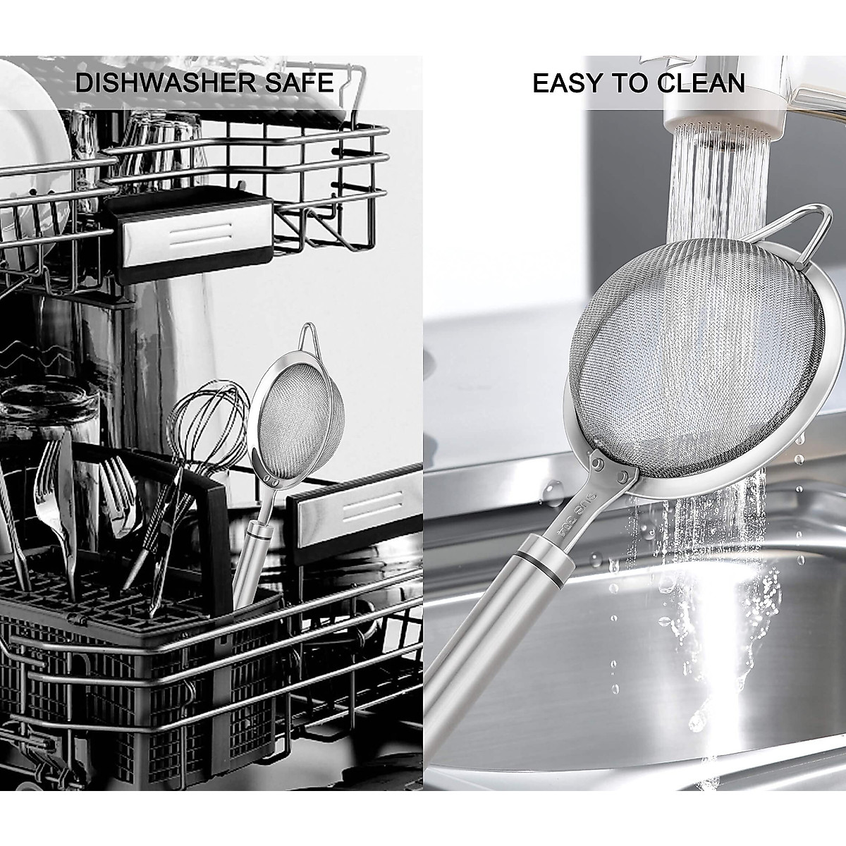 Adjaso 5.5inch 304 Stainless Steel Fine Mesh Strainer for Kitchen, Colander-Skimmer with Handle, Metal Sieves Sifters