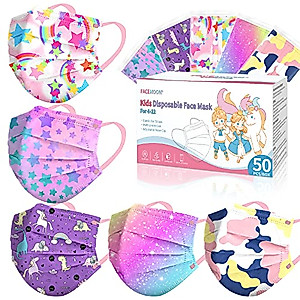 Kids Disposable Face Masks Girls - 50 Pack Kids Mask Disposable Children Small Size Unicorn Face Mask 3 Ply Cubrebocas Para Niños Individually Wrapped