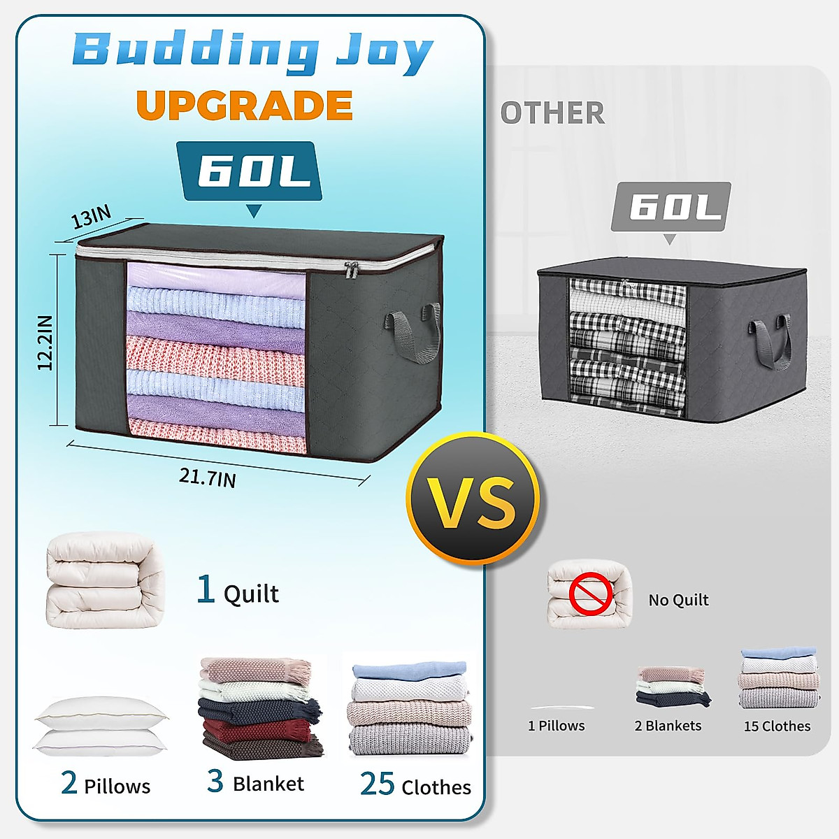 Clothes storage bags Large Capacity Clothes Storage Bins Foldable Closet Organizers Storage Containers with Durable Handles Thick Fabric for Blanket Comforter Clothing Bedding 6 Pack Gray