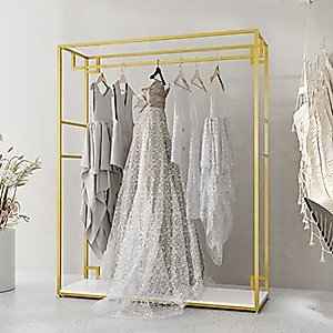HOMEKAYT Gold Clothing Racks with Shelves, Weeding Dress Retail Clothes Rack,Freestanding Rack, Shoes Bags Clothes Organizer Garment Rack (59" L)