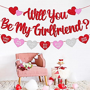 Will You Be My Girlfriend Banner Be My Girlfriend Glitter Heart Garland Happy Valentine’s Day Party Decoration Glitter Red and Pink Be My Valentine Romantic Party Supplies