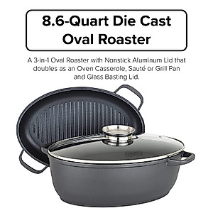 Viking Culinary 3-in-1 8.6 Qt Die Cast Oval Roaster with Glass Basting Lid, Gray