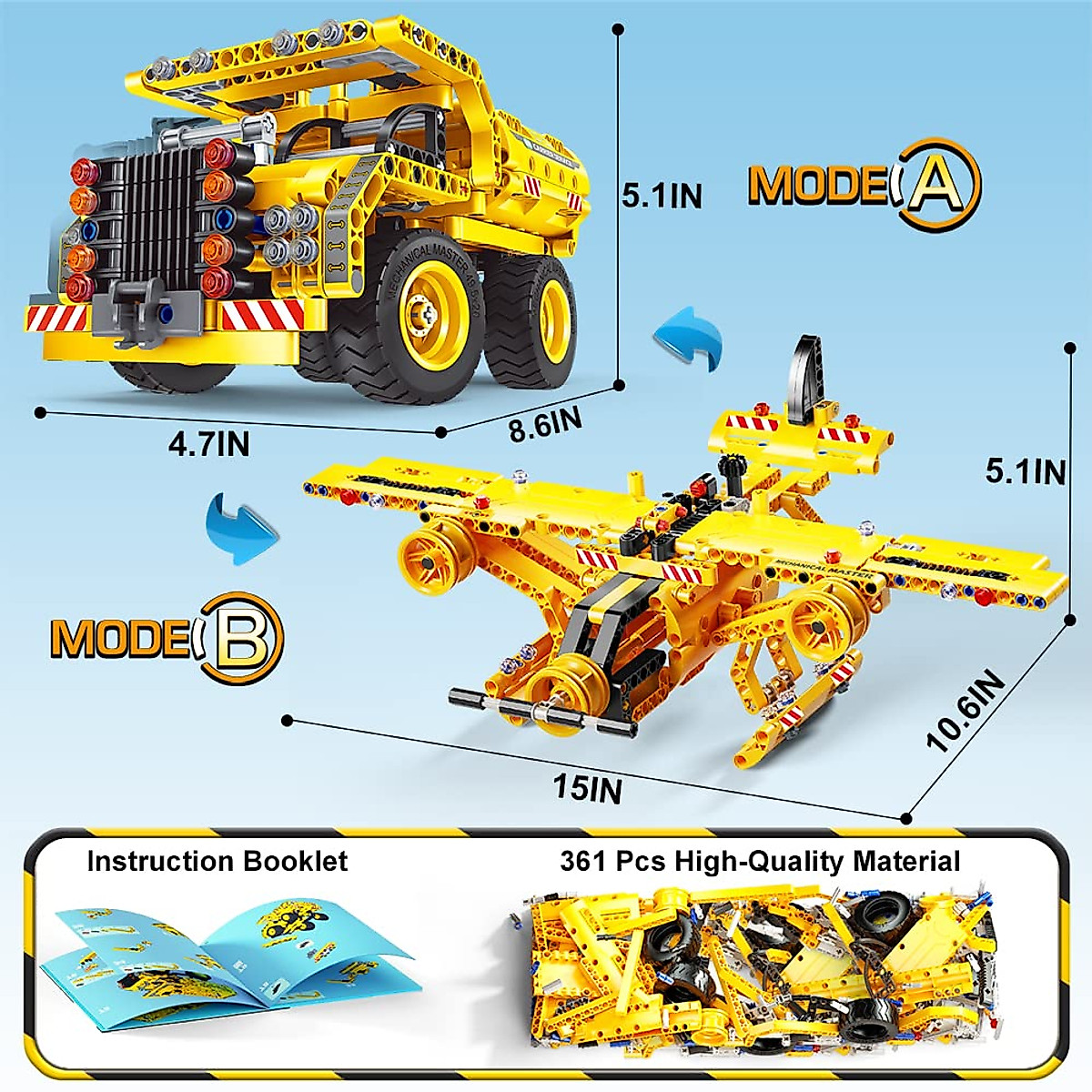 Jyusmile STEM Toy Building Toy for Age 6, 7, 8, 9, 10, 11, 12 Years Old Kids Boys Girls - 2-in-1 Truck Airplane Take Apart Toy, 361 Pcs DIY Building Blocks Kits, Engineering Construction Toy