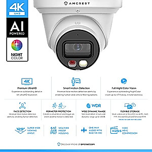 Amcrest UltraHD 4K (8MP) IP PoE AI Camera, 49ft Nightcolor, Security Outdoor Turret Camera, Built-in Microphone, Human Detection, Active Deterrent, 129° FOV, 4K@15fps IP8M-2779EW-AI (White)