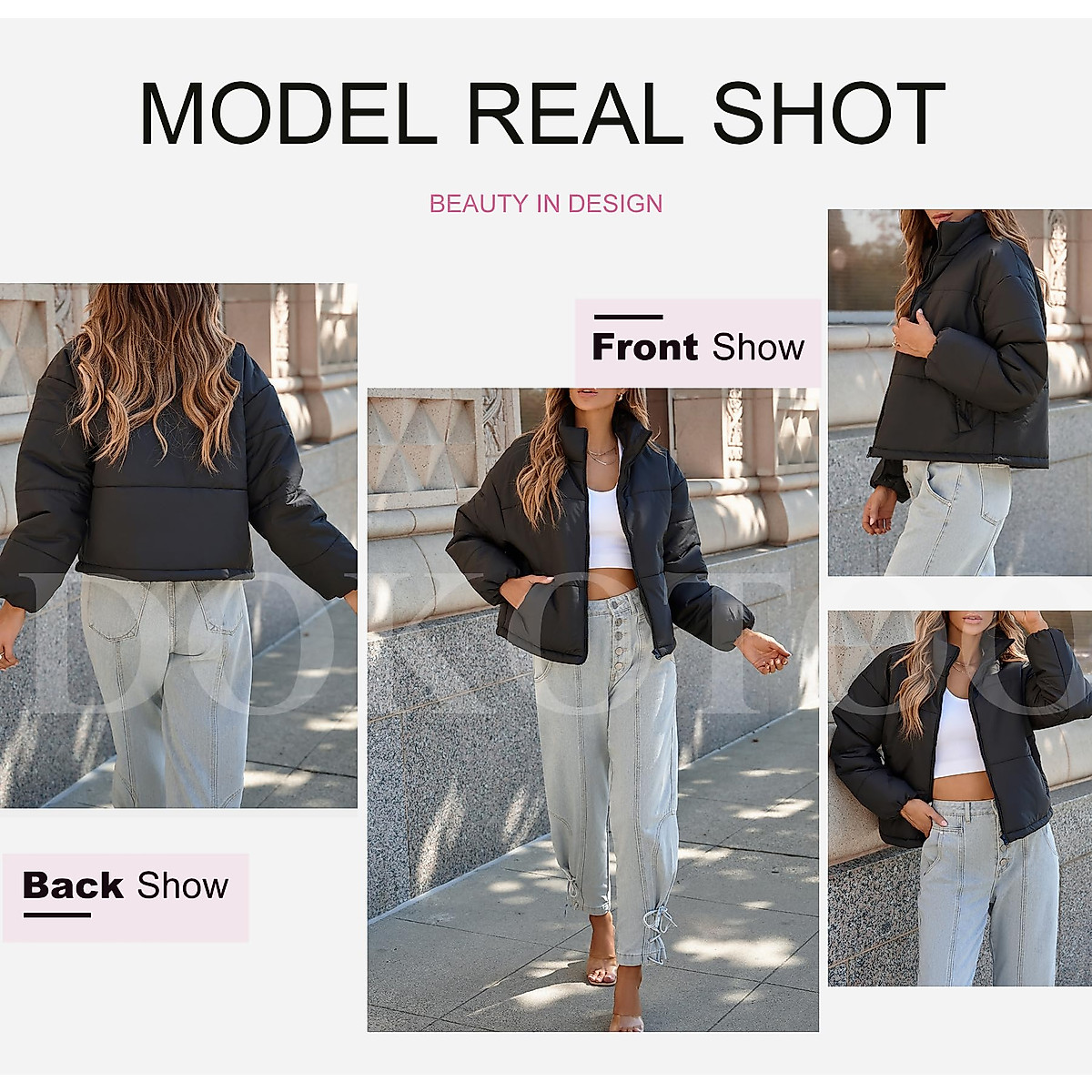 Dokotoo Puffer Jacket Womens Winter Casual Quilted Jackets Fashion Fall Full Zip Up Long Sleeve Drop Shoulder Oversized Stand Collar Padded Coats Baggy Warm Outerwear with Pockets Black X-Large