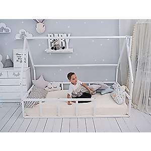 BUSYWOOD House Floor Bed For Kids - Montessori Bed for Toddlers - Wood Kids Bedroom Furniture - Cozy Toddler Bed with Rails - Twin Loft Beds for Kids (Model 1 Mini Floor with Fence, FOR SLEEPING ONLY)