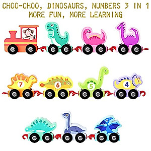 WOODMAM Wooden Dinosaur Number Train, Montessori Toy Train Set with Storage Bag, Educational Toy Gift for Baby Toddler Boys Girls Age 1 2 3 Years Old