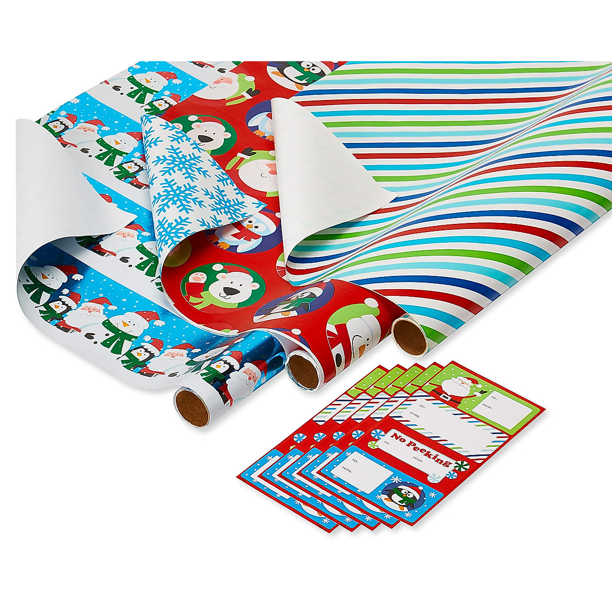 American Greetings 225 sq. ft. Christmas Wrapping Paper Set with Cut Lines, Santa, Stripes, Reindeer, Polka Dots and Snowmen (9 Rolls 30 in. x 10 ft., 60 Gift Tags)
