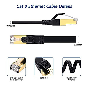 VMUND Cat 8 Ethernet Cable 100 Ft, High Speed Cat8 Flat Internet Cord 100 Foot, Outdoor Shielded Long LAN Network Patch Wire with Rj45 Connectors for Modem Gaming Laptop Computer PC, Black