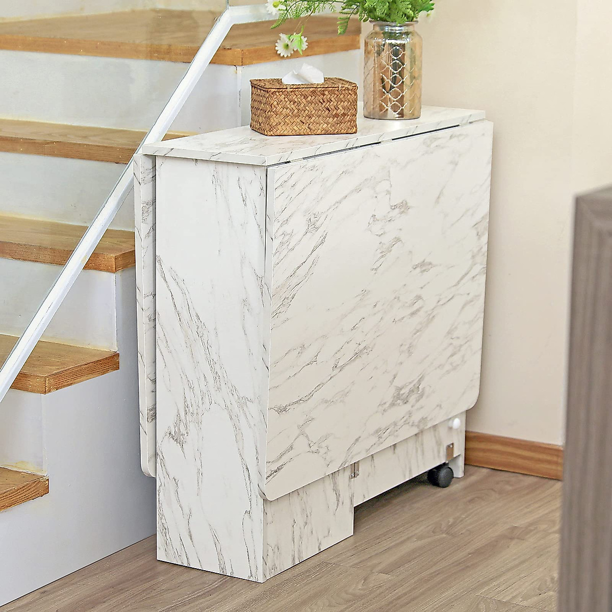 VANSPACE Folding Dining Table Drop Leaf Table for Small Spaces with Storage Racks Multifunction Space Saving Table Extension Dinner Table for Kitchen Bedroom Dining Room White Marble