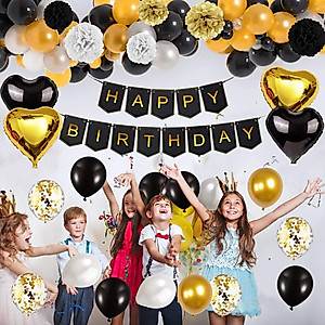 Black and Gold Party Decorations Happy Birthday Confetti Balloons with Banner,Star Heart Foil Balloons,Paper Pompoms for18th 20th 30th 40th 50th 60th 70th Birthday Decorat (Black and Gold)