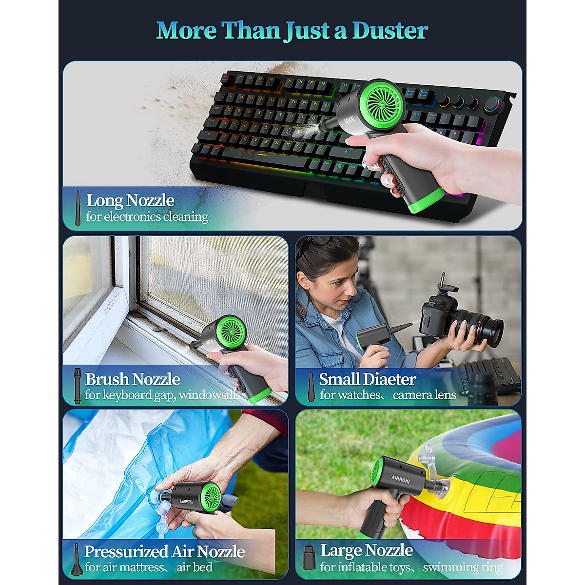 AIRROKI Compressed Air Duster - Electric Air Duster for Computers, 51000RPM Cordless Air Duster, Good Replace Compressed Air Can, 6000mAh Reusable no Canned Air Duster for PC Keyboard Cleaner