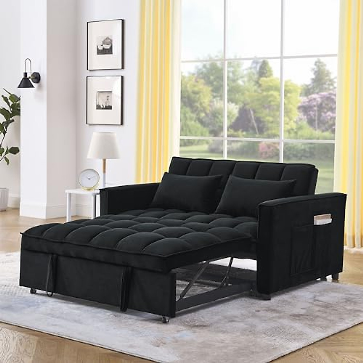 FULife Convertible Loveseat Futon Sofa Couch with Pull-Out Sleeper,Recliner Lounge Sofá Bed Chair,Love Seat Sofabed w/Adjustable Reclining Backrests,Side Pockes&Pillows for Apartment RV Living Room