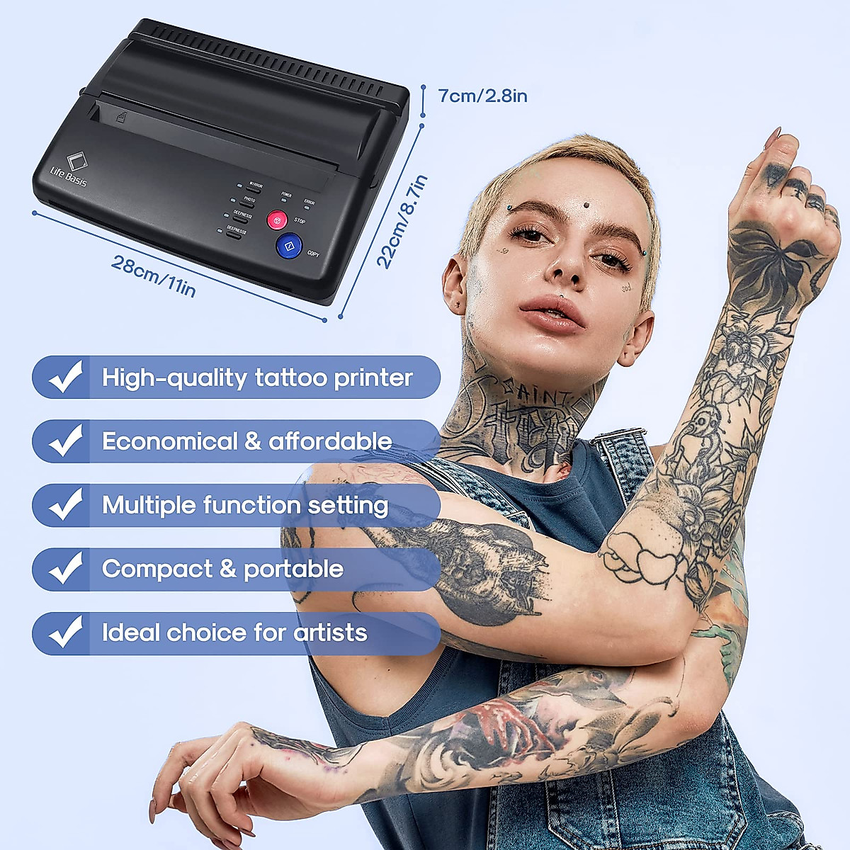 LifeBasis Tattoo Transfer Stencil Printer Tattoo Thermal Copier Thermal Tattooing Printer Machine with 30PCS Stencil Transfer Paper for Tattoo Artists & Beginners, Black