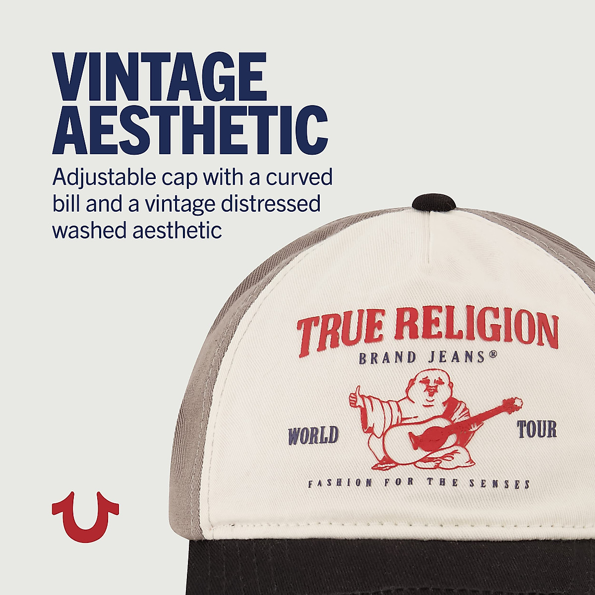 True Religion Kids Hat with Buddah Logo, 5 Panel Cotton Twill, Adjustable Baseball Cap, Black, One Size