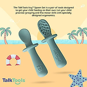 TalkTools Itsy Tiny Silicone Spoons – Twin Pack Soft Silicone Self-Feeding Training Spoons for Kids & Toddlers, Anti-Choking Flange Guard and Non-Slip Handle (Sage)