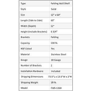 Express KitchQuip 12" x 60" Stainless Steel Folding Wall Shelf - Food Truck, Kitchen, Restaurant, Laundy, Garage and Utility Room