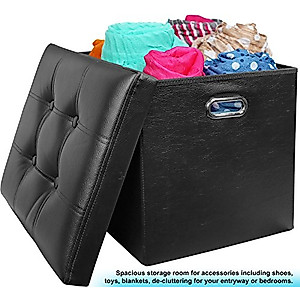 Greenco Faux Leather Tufted Ottoman Stool, Square Ottoman Storage Cube, Seat and Foot Rest, Collapsible and Versatile Black Storage Box