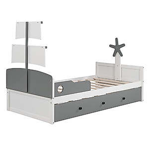 Harper & Bright Designs Kids Twin Bed with Trundle and Storage, Solid Wood Boat-Shaped Platform Bed Frame, No Box Spring Needed, for Girls Boys Bedroom (Twin Size, Gray)