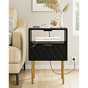 Masupu Nightstand with Charging Station,Mid-Century Modern Bedside Table with Storage Drawer and Open Wood Shelf,Small Gold Frame Side Table for Bedroom,Living Room(Black)