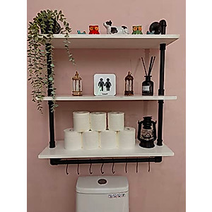 ROGMARS Industrial Pipe Shelving Floating Bathroom Shelves with Towel Bar Over Toilet,3 Tier 30 inch Retro White Rustic Farmhouse Pipe Wall Shelves for Kitchen Storage (30inch 3 Tier)