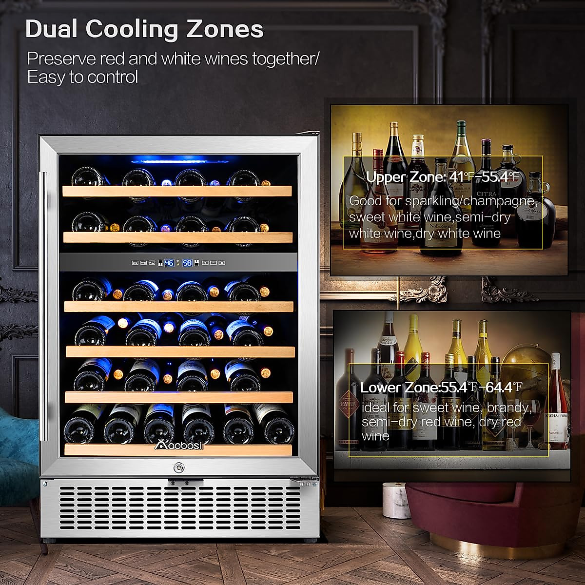 AAOBOSI 24 Inch Dual Zone Wine Cooler 46 Bottle with Upgraded Compressor Advanced Cooling System Quiet Operate, Freestanding and Built-in Wine Refrigerator