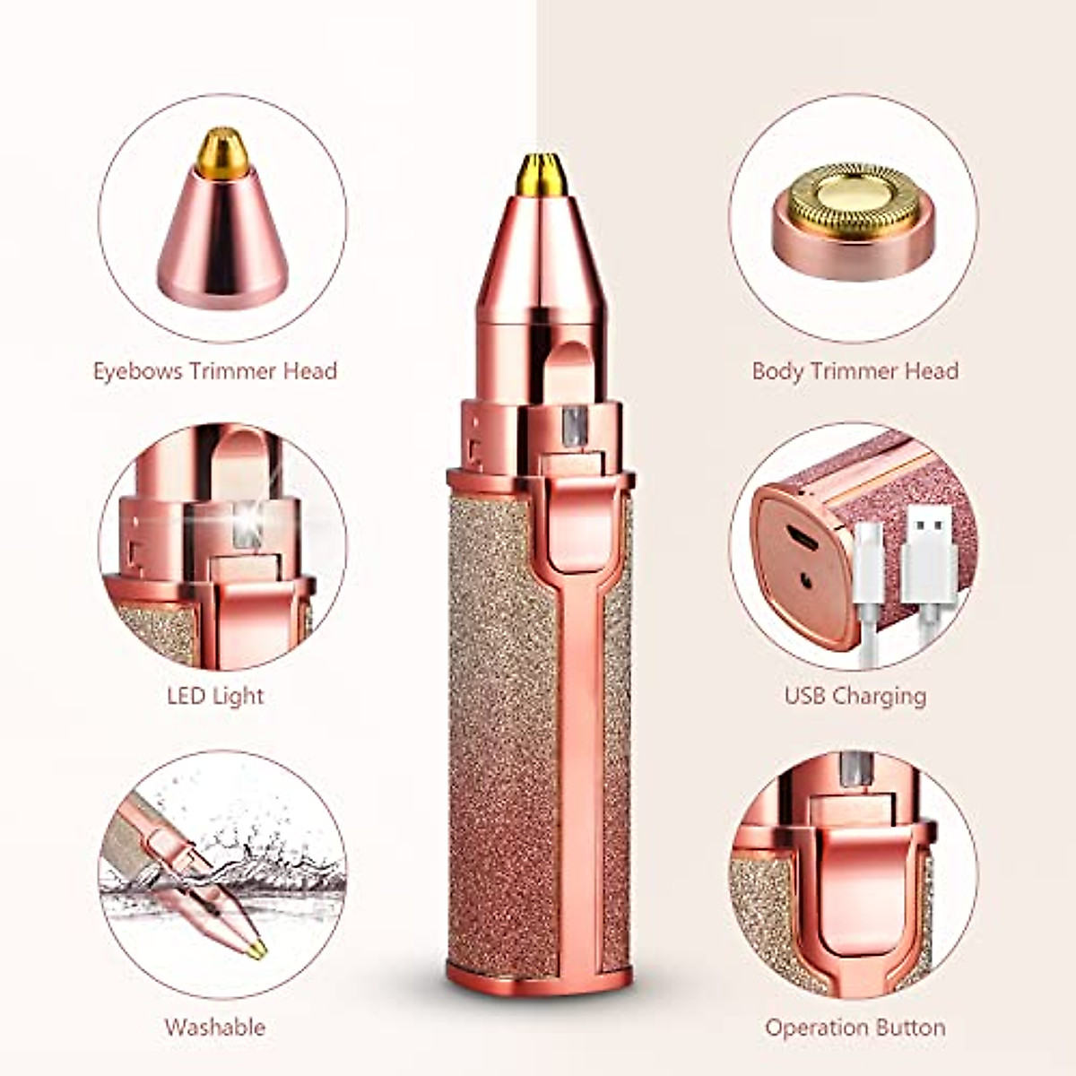 Women's Facial Eyebrow Trimmer, CkeyiN 2 in 1 USB Rechargeable Painless-Precision Eyebrow Remover Eyebrow Razor Tool with Built-in LED Light Facial Trimmer for Nose, Lips, Body