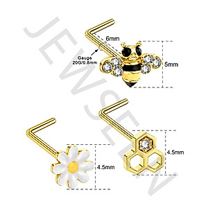 Jewseen 3PCS Nose Rings 20G Gold Nose Stud Surgical Steel Nose Piercing Jewelry Bee Nostril Piercing Jewelry L-Shaped Nose Piercings for Women Men