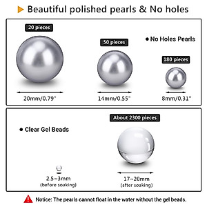 SUREAM Silver Floating Beads for Vase Filler, 250PCS 8/14/20mm Beads with 2300PCS Clear Water Gel Beads, Mix-Size Round Wedding Decorative Pearls for Table Centerpiece, Floral, Party, Valentine's Day