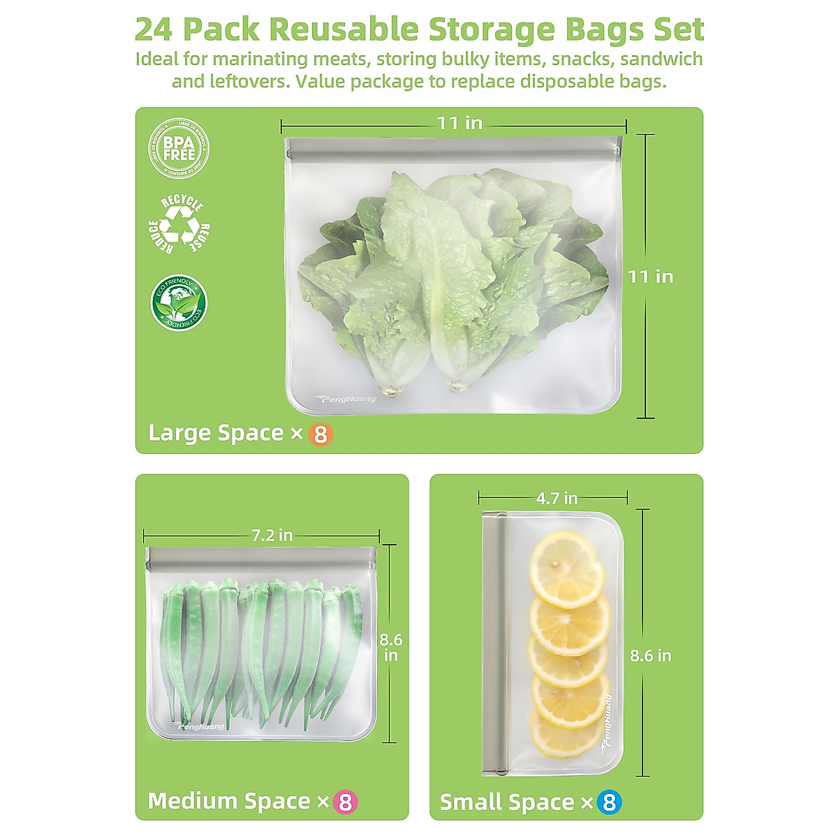 24 Reusable Food Storage Bags, Freezer Bags with Pack BPA FREE (8 Reusable Gallon Bags+8 Leakproof Reusable Sandwich Bags+8 Food Grade Snack Bags) EXTRA THICK Reusbale Lunch Bag for Salad Fruit