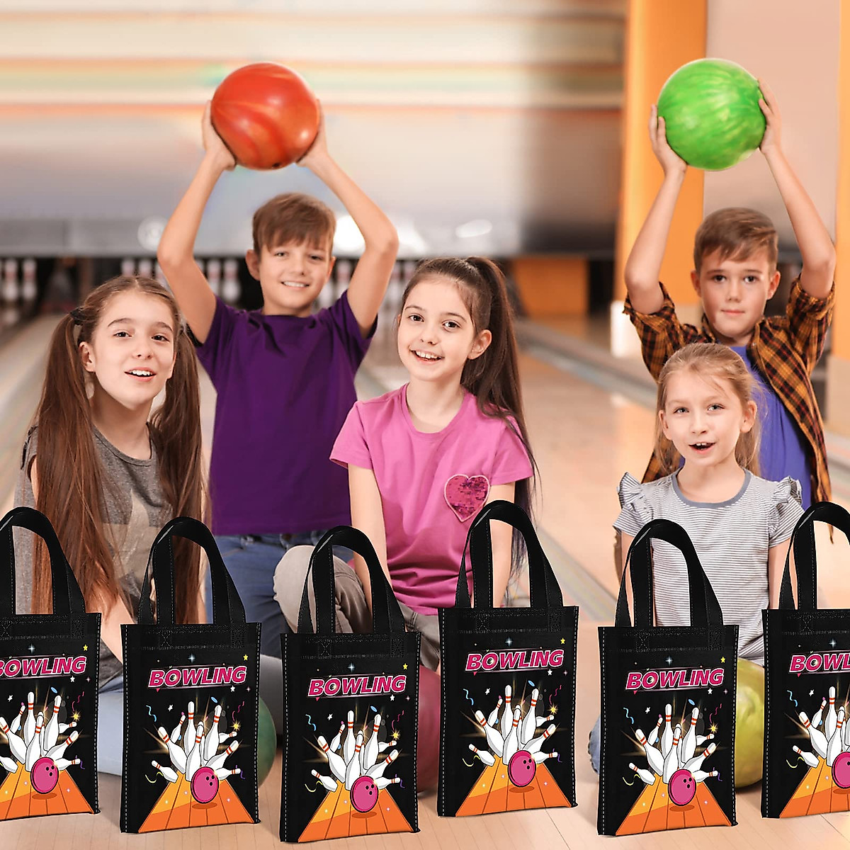 Kajaia 24 Pcs Bowling Party Favor Bags Bowling Goodie Bags Reusable Non Woven Bowling Gift Bags with Handles Bowling Party Decor Bowling Birthday Party Supplies(Cute Style)