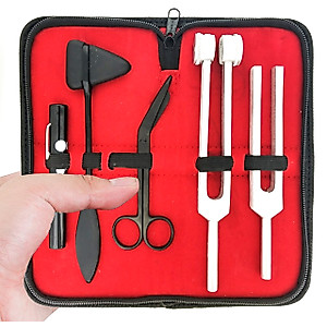 SURGICAL ONLINE Ultimate Medical Student Diagnostic Set - Premium Stethoscope & Tactical Black Set of 5 pcs Reflex Percussion Taylor Hammer + Penlight + Tuning Fork C 128 C 512 + Bandage Scissors 5.5