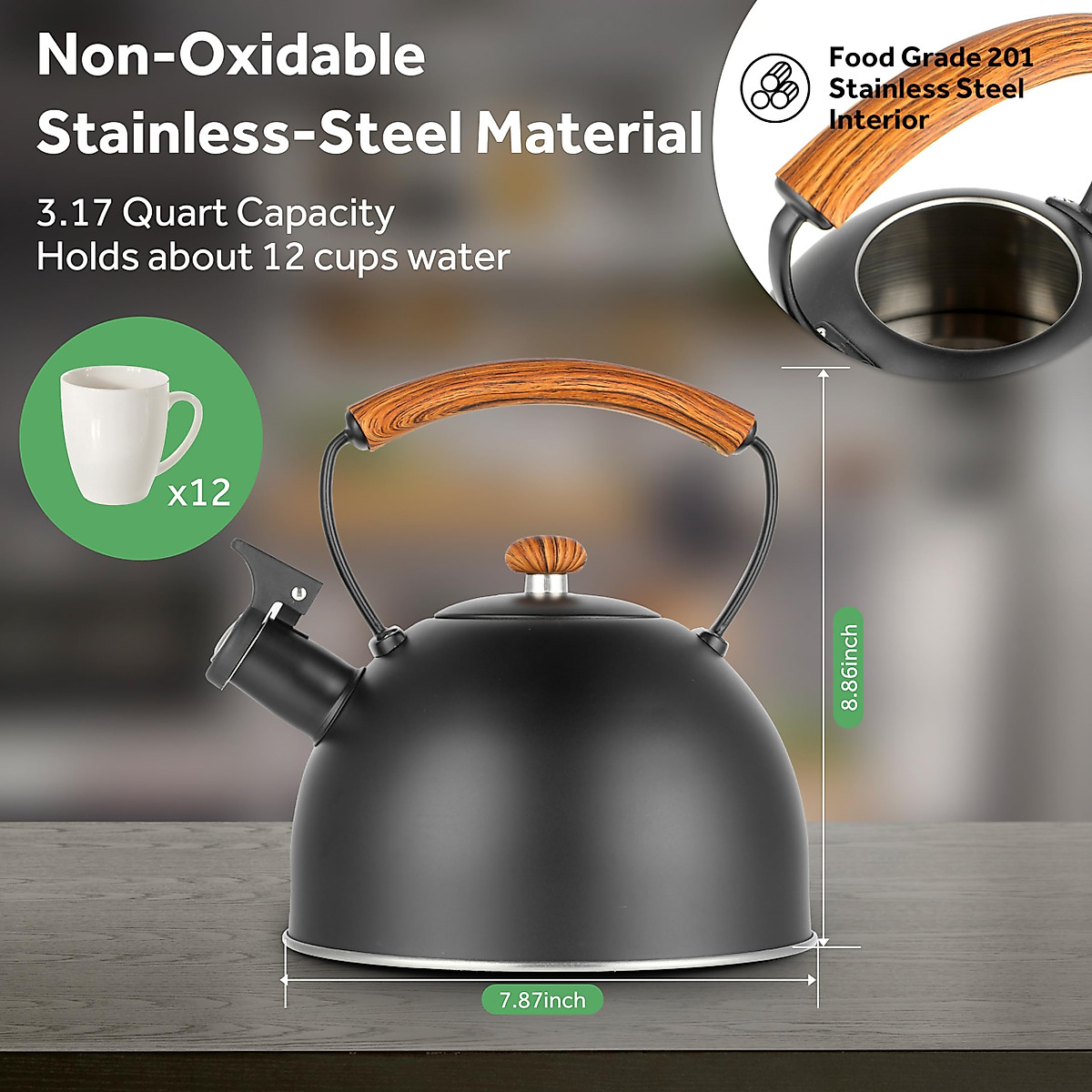 YSSOA Whistling Stovetop Tea Kettle, 3.2 Quart Stainless Steel Teapot with Cool Touch Ergonomic Handle, Hot Water Fast to Boil, Black